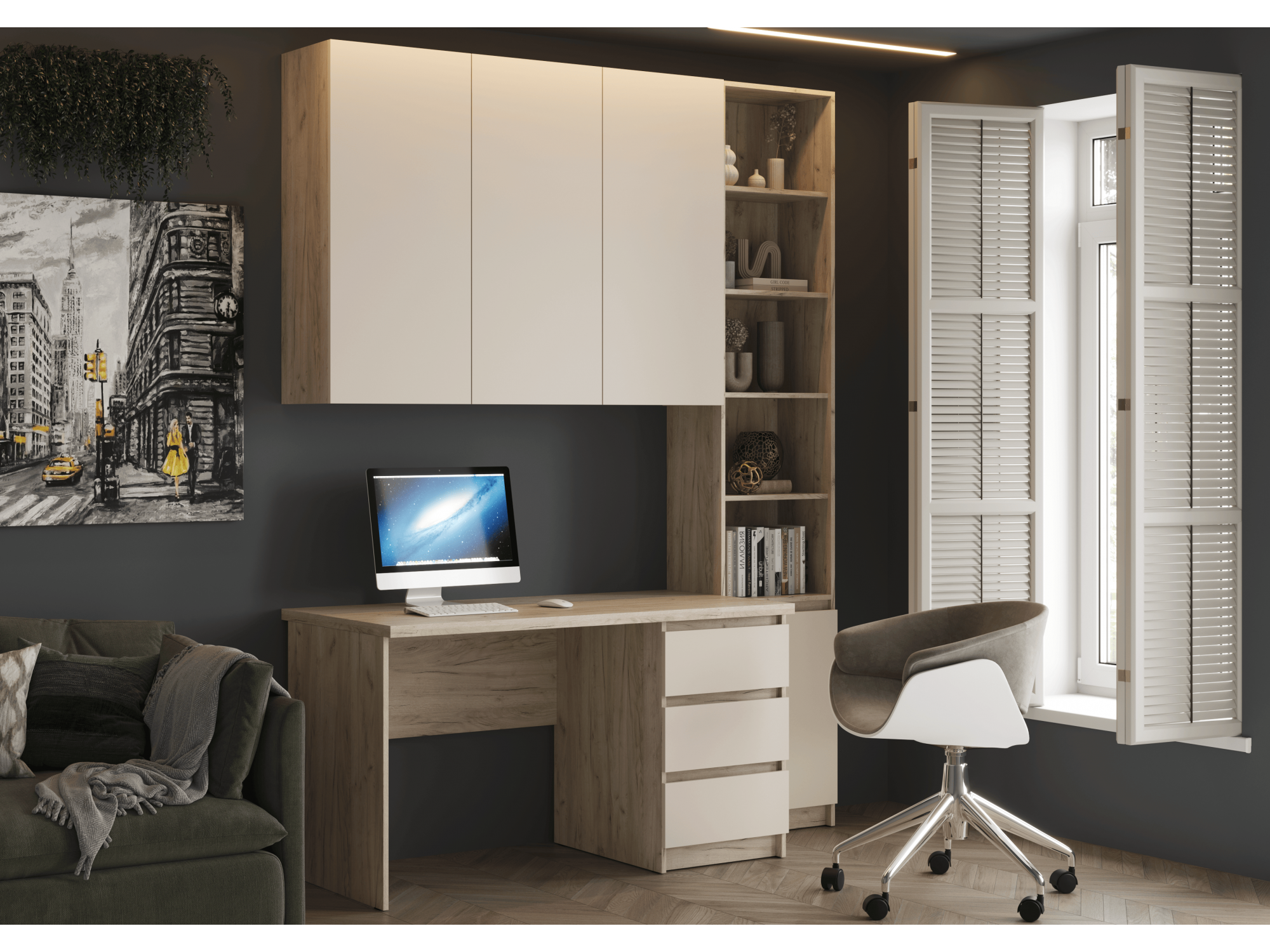 Кабинет для школьника, из ЛДСП, стол, стеллаж и навесной шкаф, крафт серыйкашемир