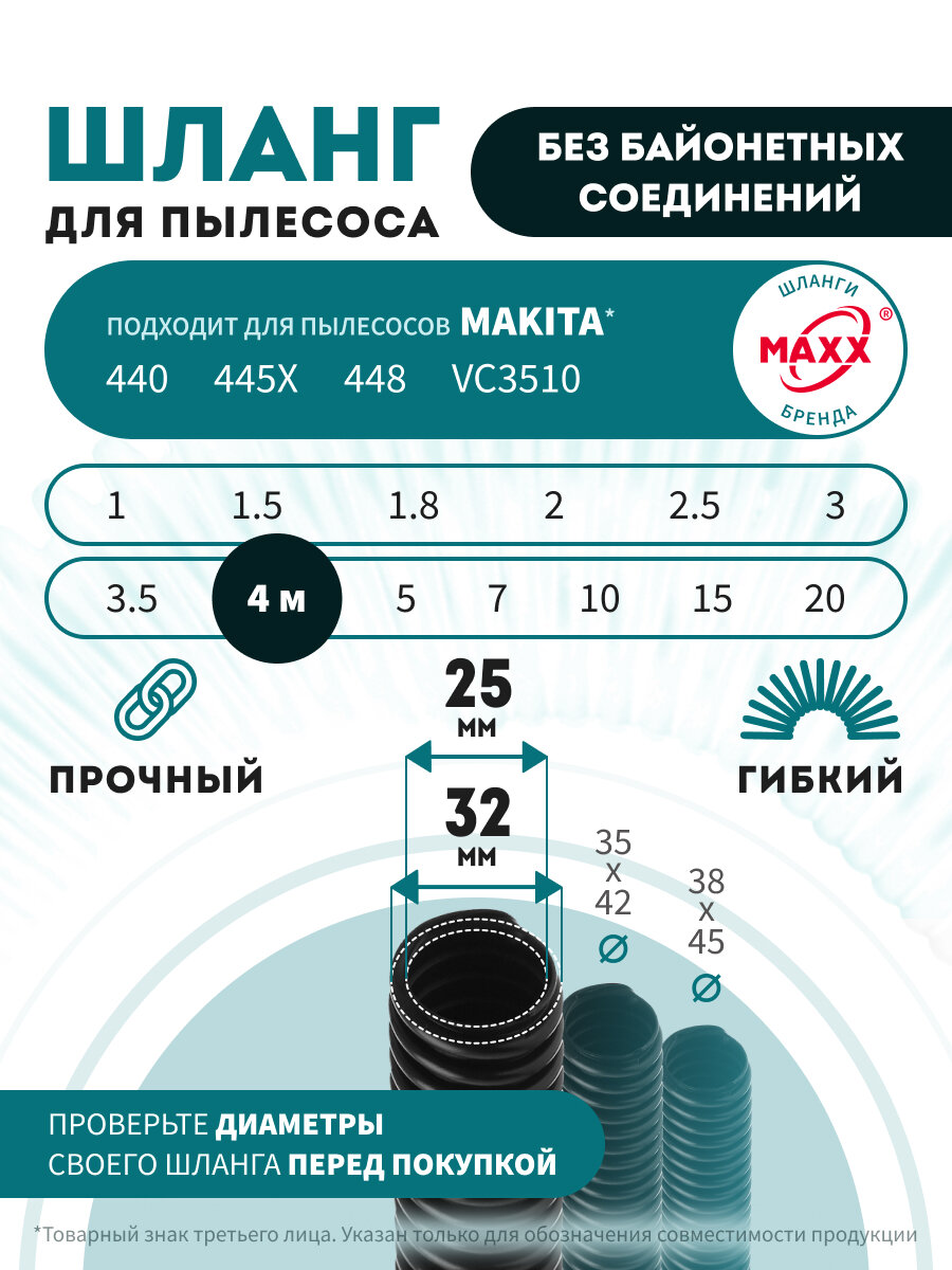 Шланг гибкий для пылесоса MAKITA 440, 440(7), 445X, 445X(6), 448, 448(6), VC3510, 3510(7) 4 м