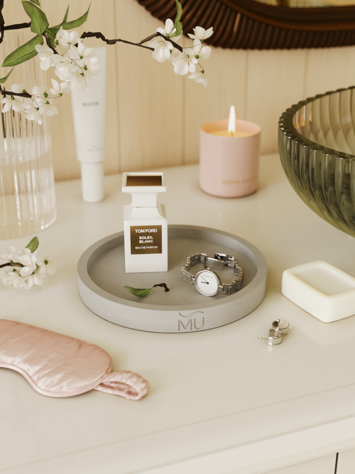 Декоративный поднос, подставка для украшений и свечей, мелочей и косметики Lora L, 20x20 см, бетон, серый глянцевый