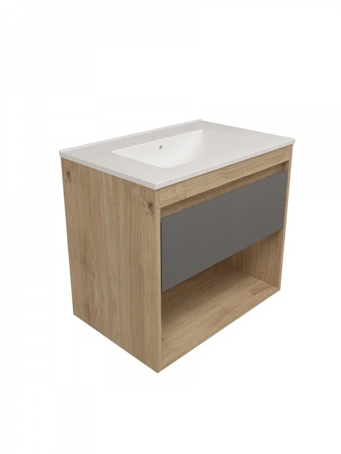 Тумба с раковиной Teymi Vitra 70 подвесная, 71 см, серая, светлое дерево, матовая, из МДФ, с ящиками, раковина для ванной фарфоровая, прямоугольная