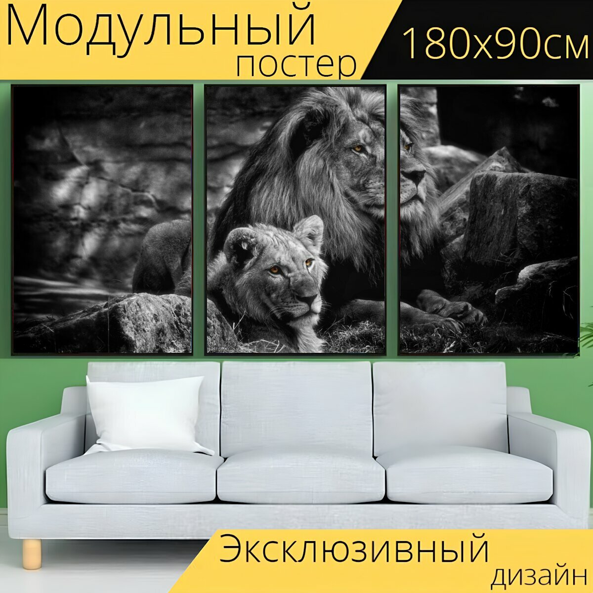 Модульный постер "Лев львы, BW, животные, хищник, Африки, черный, зоопарк, кошки, дикие, природа, животный мир, опасный, большая." 180 x 90 см. для интерьера на стену в тубусе
