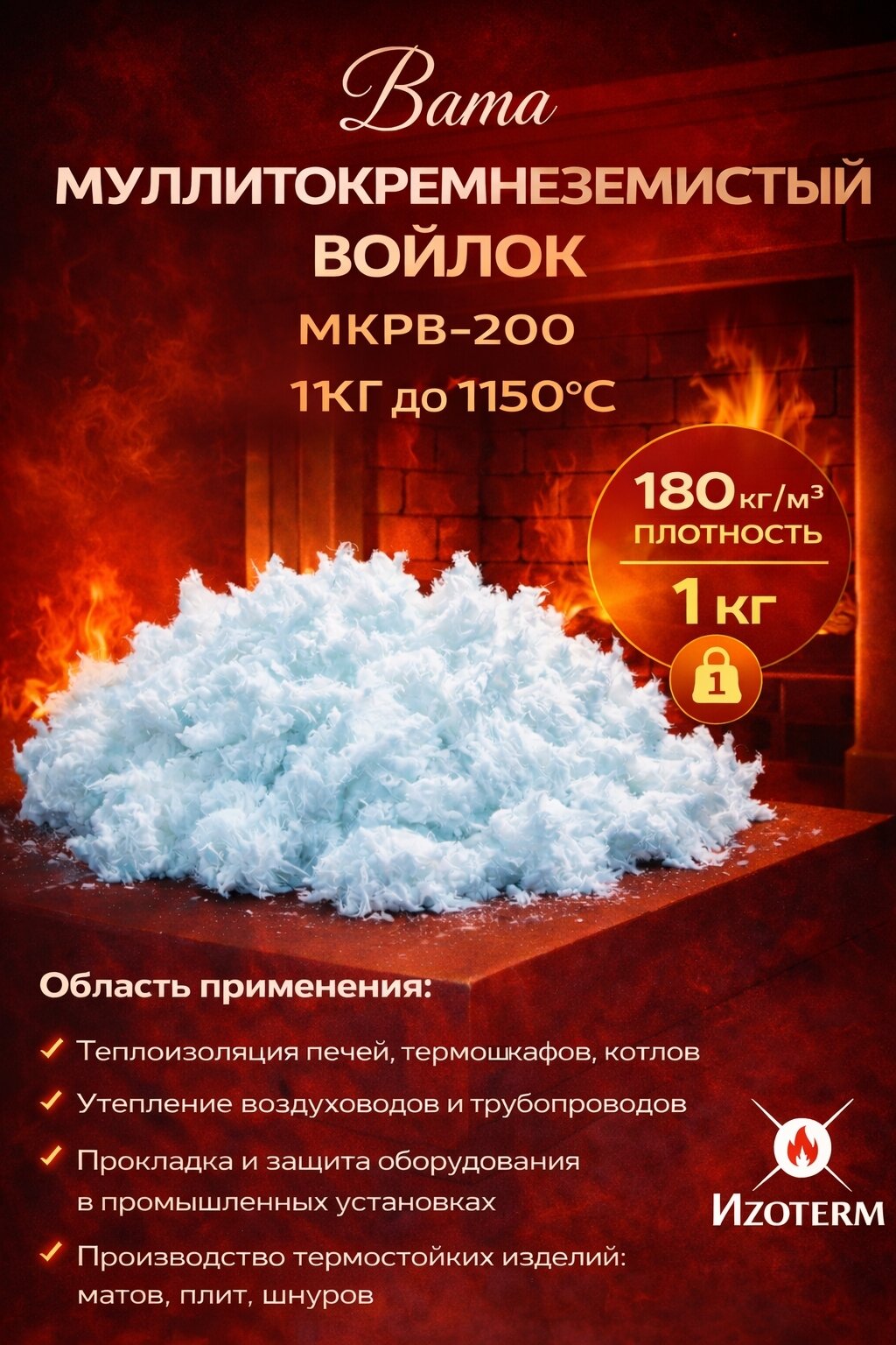 МКРВ-200 муллитокремнеземистая вата 1 кг, для печей и дымоходов