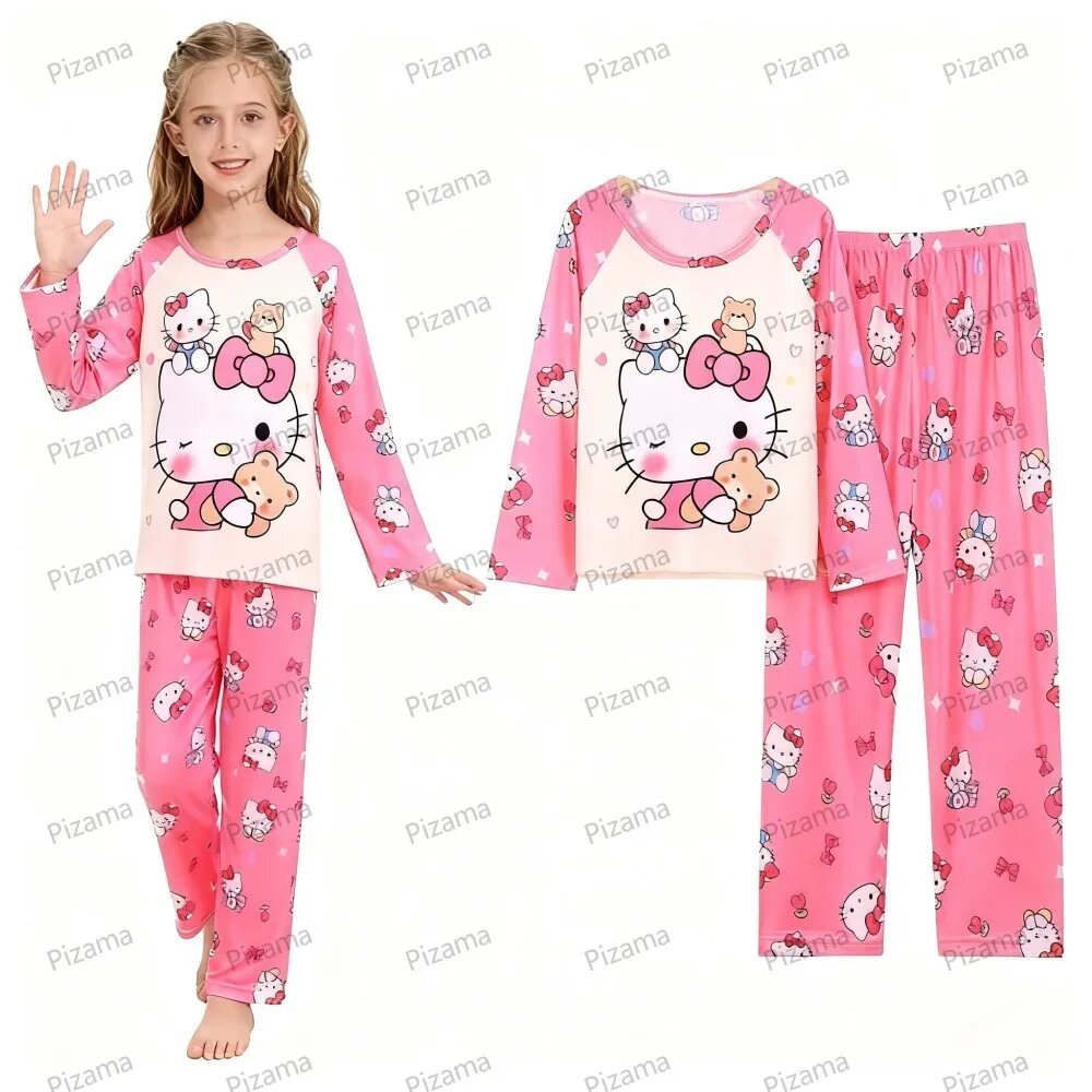 MINISO Комплект детской пижамы Sanrio для девочек, мягкая пижама с длинными рукавами Hello Kitty, детская пижама Cinnamon Dog, домашняя одежда Kuromi для малышей, Детский размер: 10 (105-115 см)