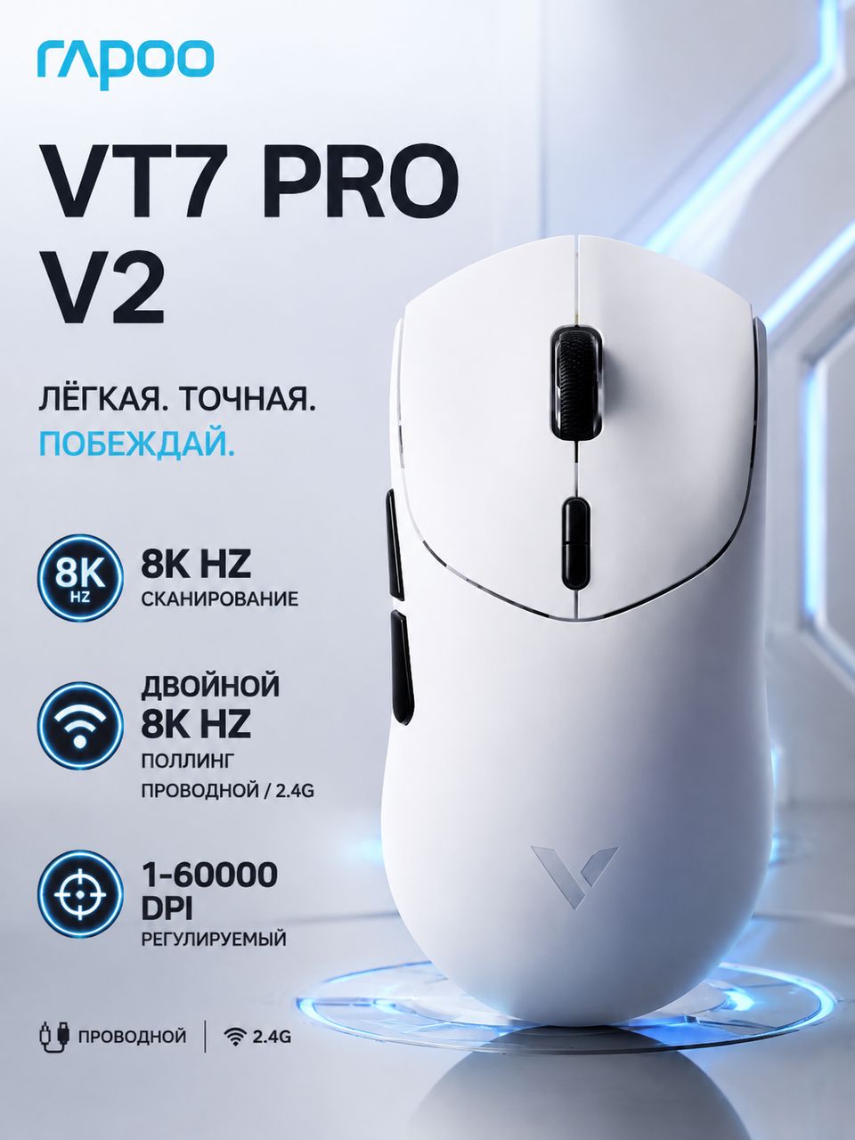 Беспроводная игровая мышь Rapoo VT7 V2 Pro (Pro-версия, Dual 8000Hz, 8K Polling Rate, сенсор PixArt PAW3950/PAW3395, ультралегкая, 2.4G+USB)