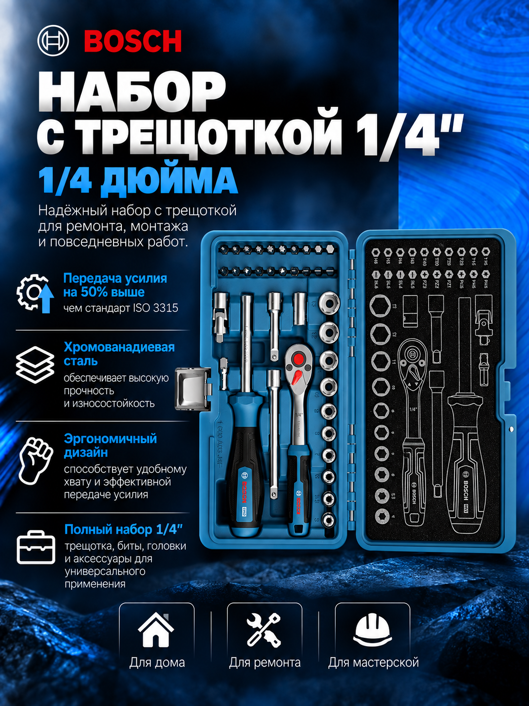 Bosch Professional 1600A03AC7 набор 1/4″, 37 предметов, с трещоткой, головками и битами для сборки мебели