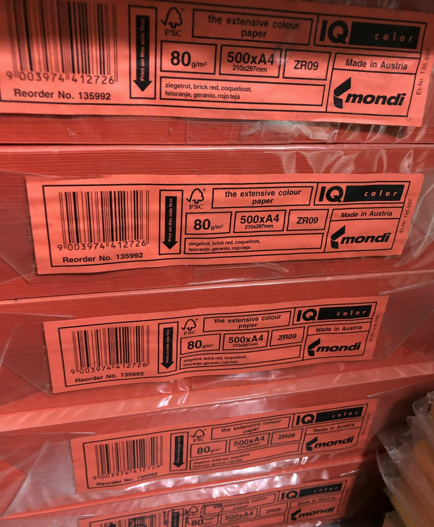 4 пач. Бумага цв. IQ COLOR (А4,80г ZR09 кирпично-красный), 500л.