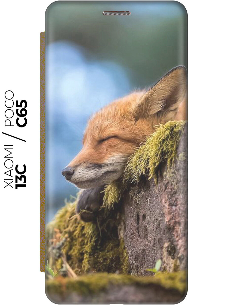 Чехол-книжка на Xiaomi Redmi 13C / Poco C65 / Сяоми Редми 13С / Поко С65 с рисунком "Умиротворенная лиса" золотистый