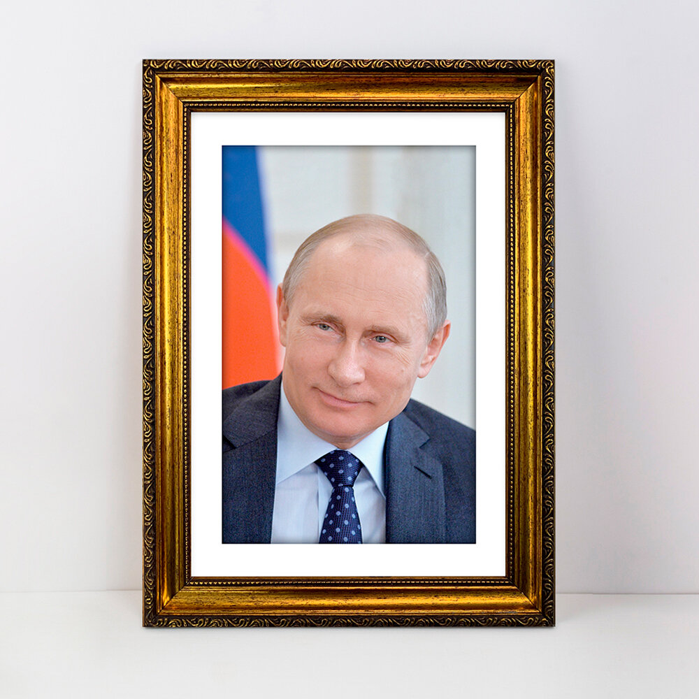 Портрет Путина В. В. в багетной рамке под золото / А-4 (21x30 см.)
