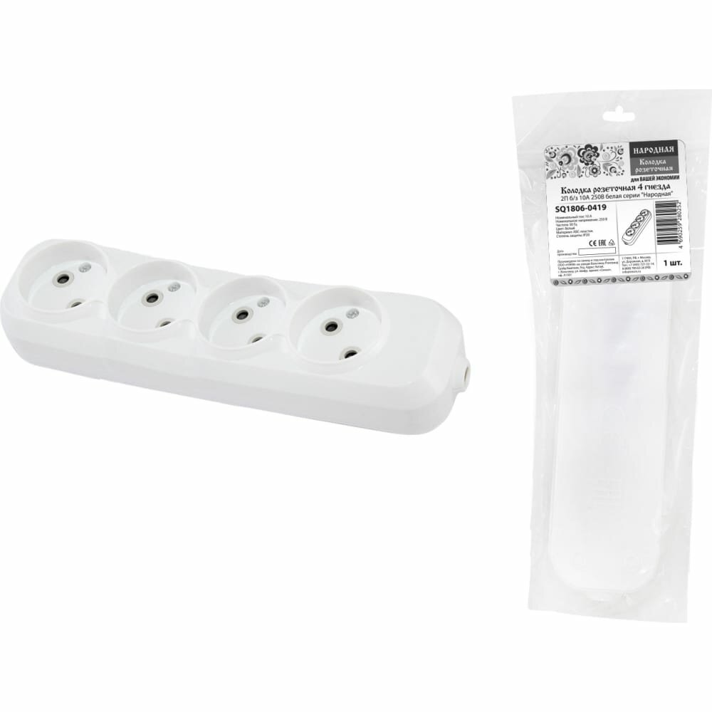 Розеточная колодка TDM ELECTRIC 4 гнезда 2П б/з 10А 250В белая серии Народная SQ1806-0419