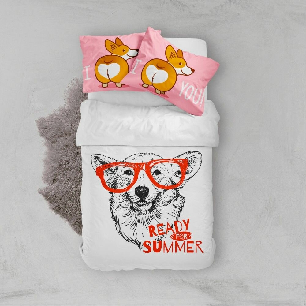 Арт комплект постельного белья Корги в очках , Евро, Пододеяльник 200/200, 50/70