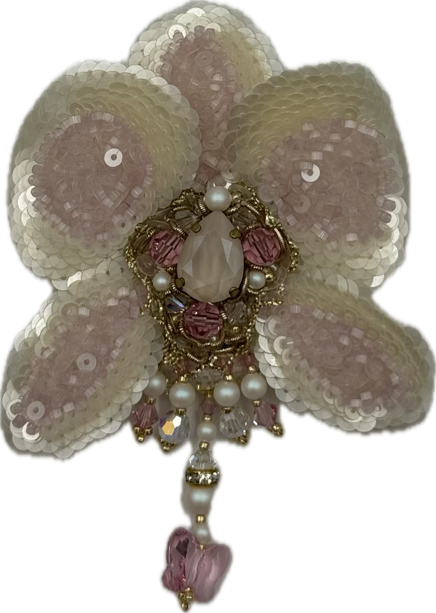 Брошь, Swarovski Zirconia, бисер, жемчуг имитация