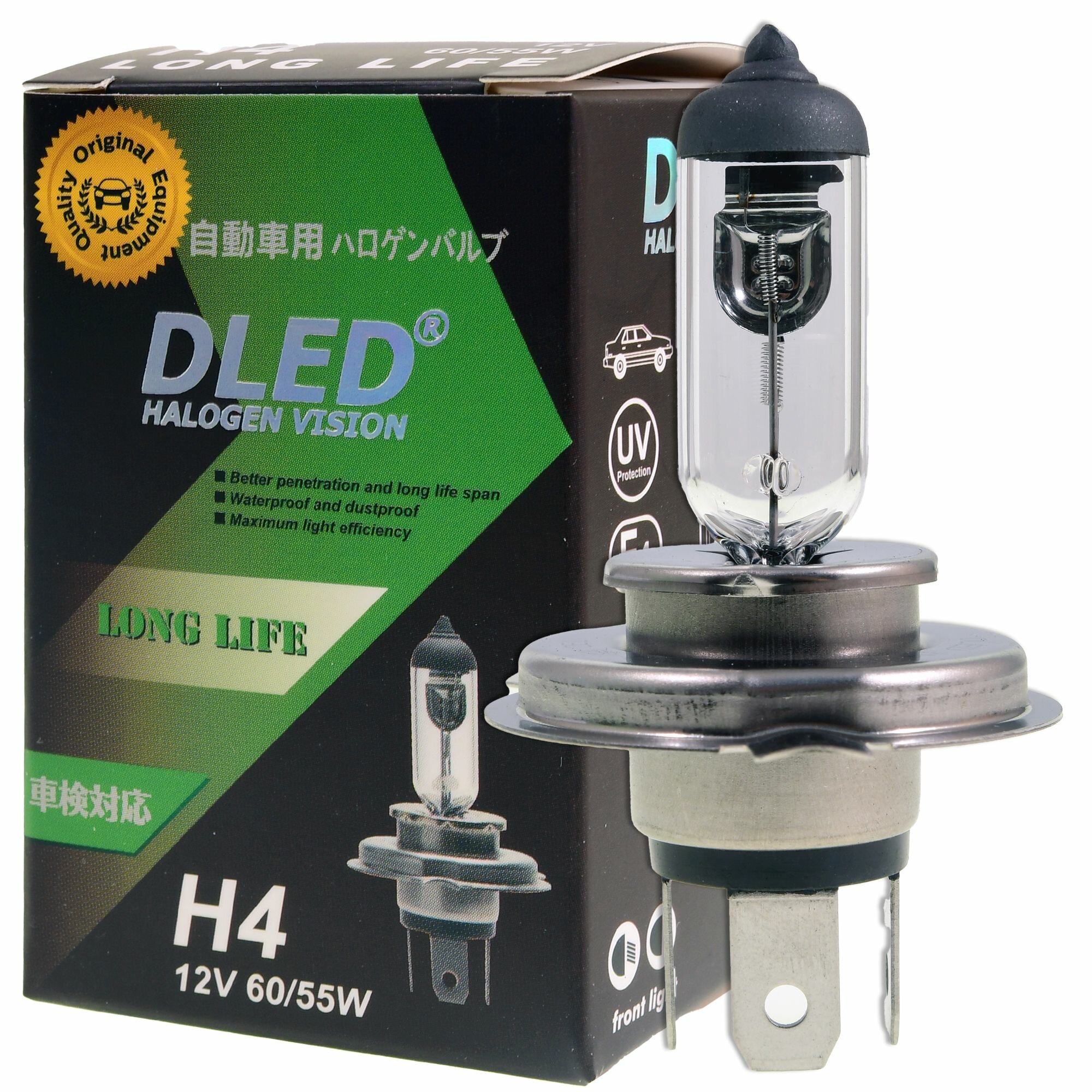 Автомобильная лампа H4 P43T 12V 60/55W 3300K Бренд DLED Серия "Long Life" Теплый Белый (1шт.)