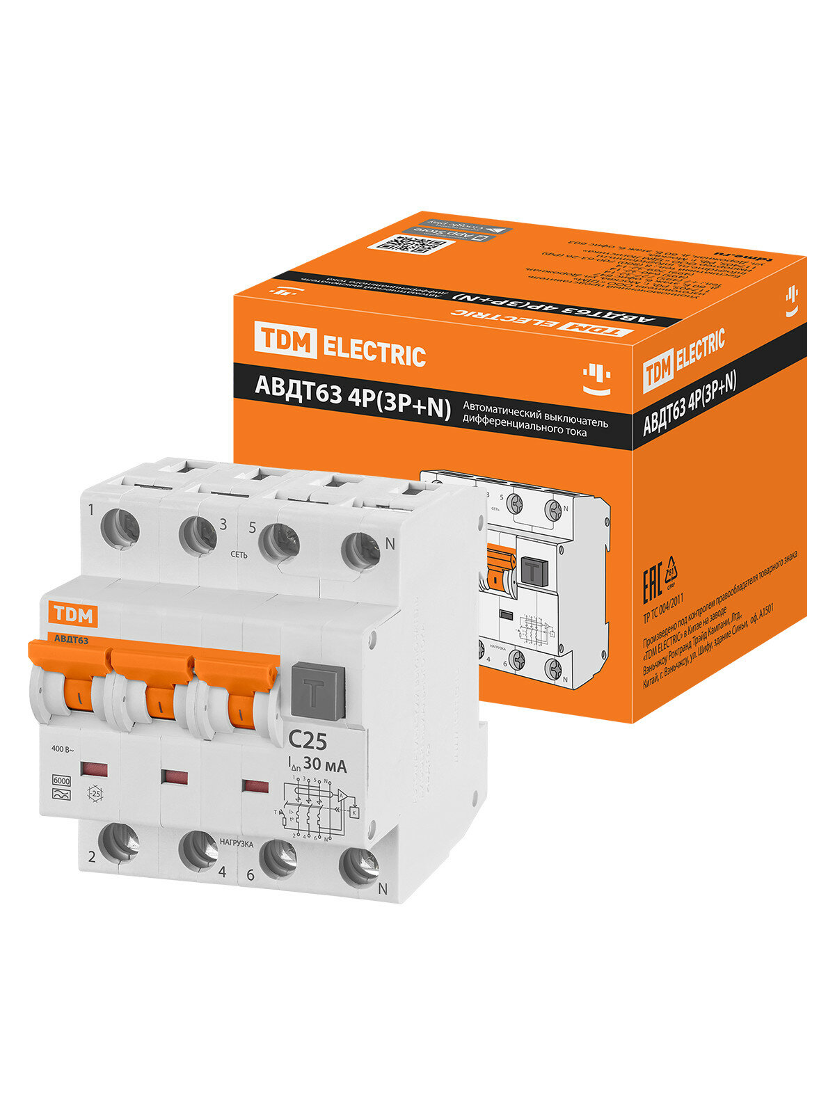 Автоматический выключатель дифференциального тока АВДТ-63 4P C25 30мА TDM SQ0202-0018