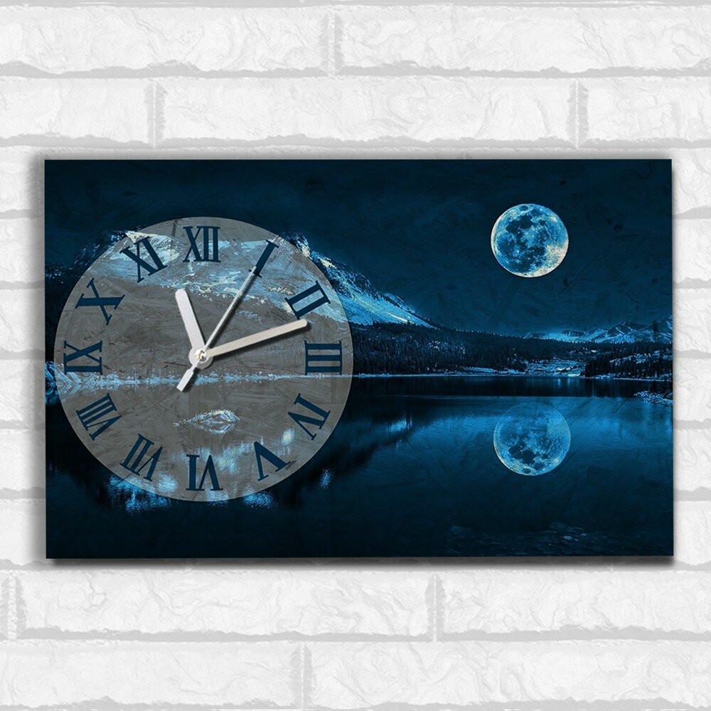 Настенные бесшумные часы ОСБ со смещенным циферблатом Облака небо (ночь, Луна, Звезды, милота, Подарок для мамы, бабушки сестры, подруге) - 885