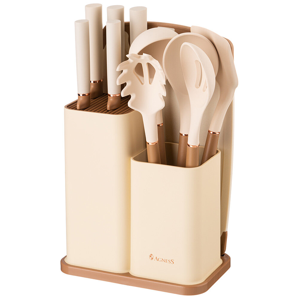 Набор из 12пр: 5 ножей, доска, подставка, половник, ложка, лопатка, шумовка, ложка agness KSG-671-200