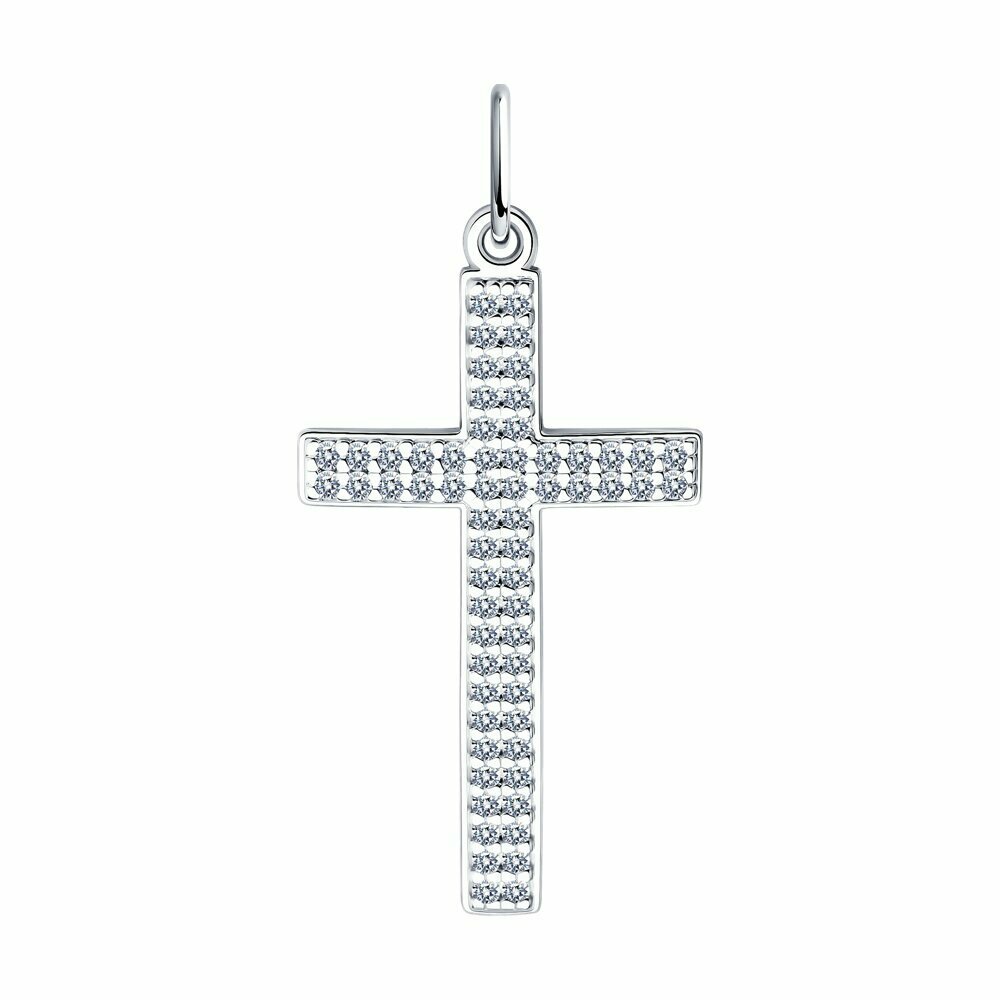 Крестик, серебро, 925 проба, родирование, фианит