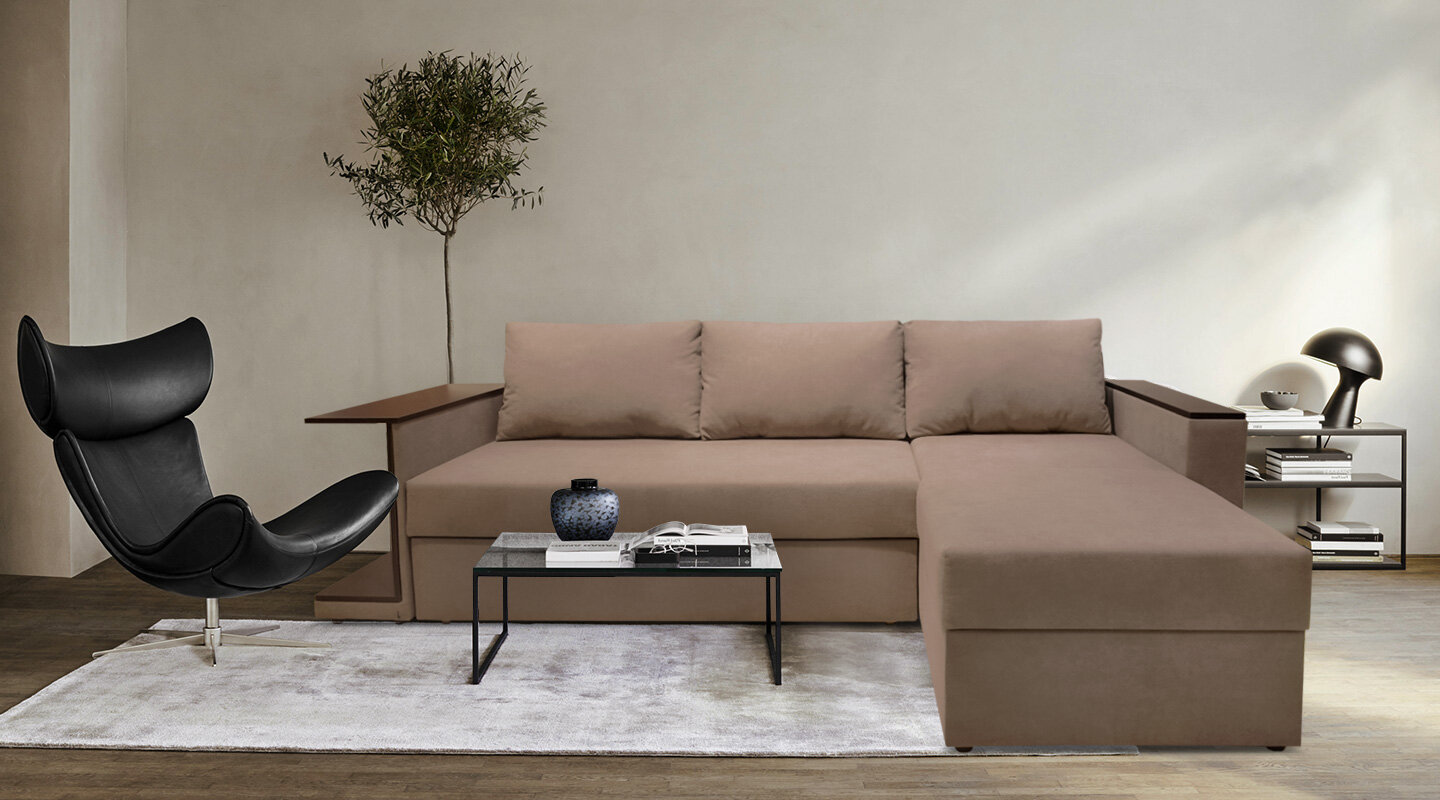 Диван угловой раскладной Берг, 250х150х85, механизм дельфин, светло-коричневый велюр