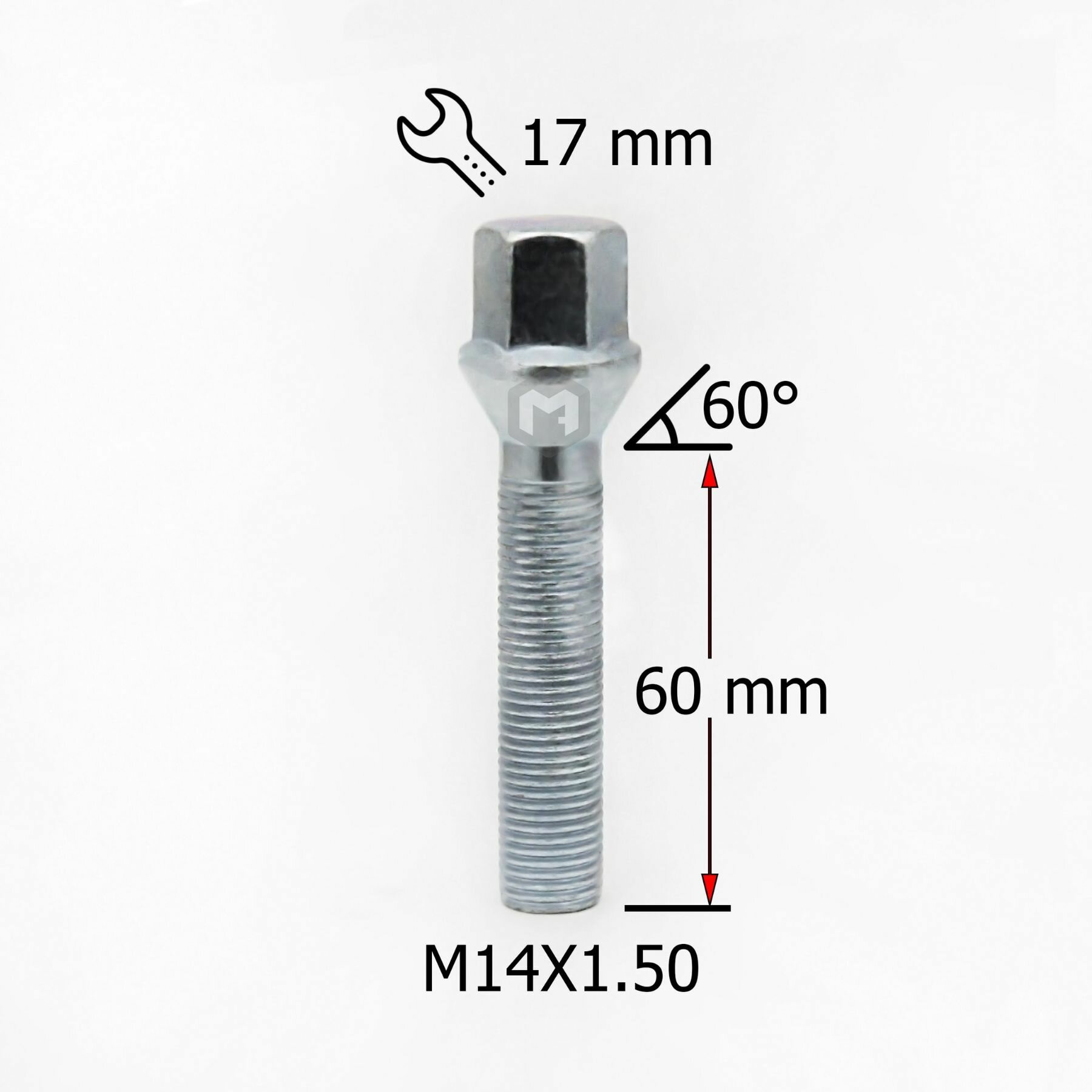 Болт колесный M14x1,5 длина резьбовой части 60мм, конус, ключ 17мм, цинк