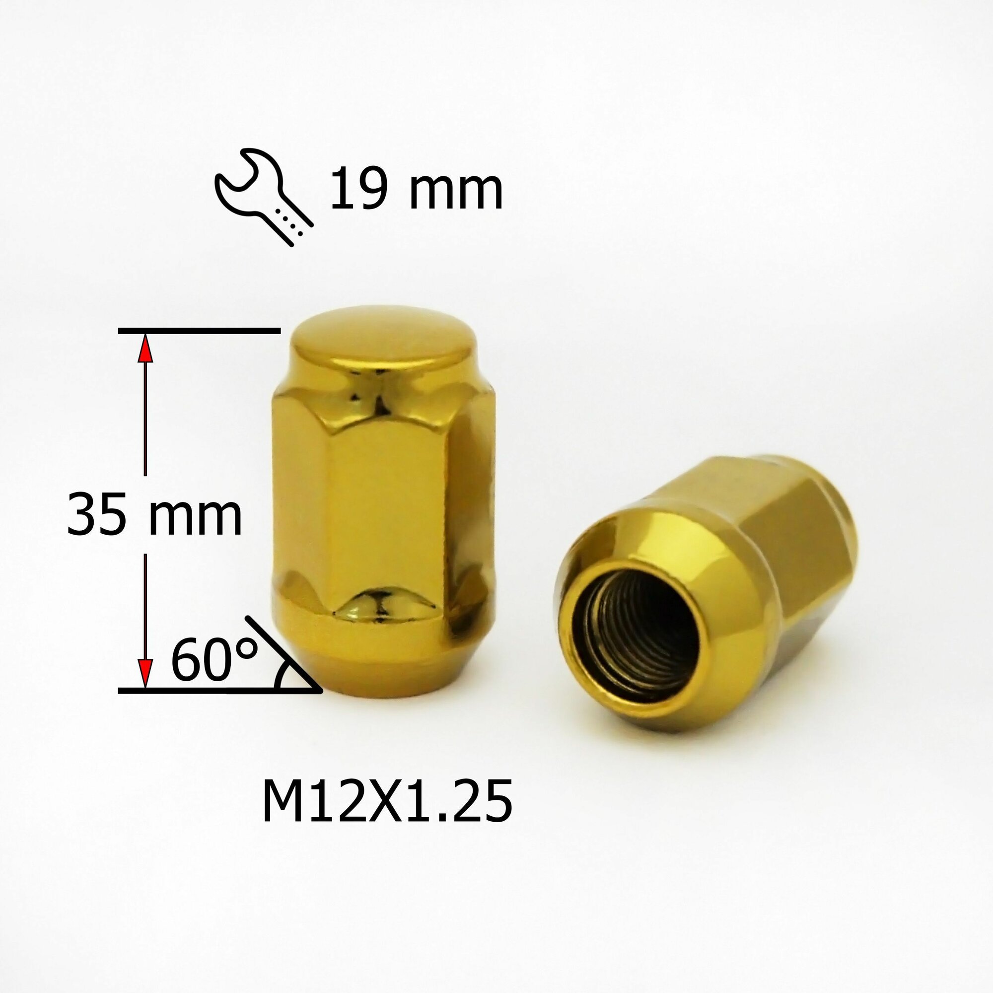 Гайка колесная M12х1,25 высота 35мм, Конус, закрытая, цельная, ключ 19мм, Золото