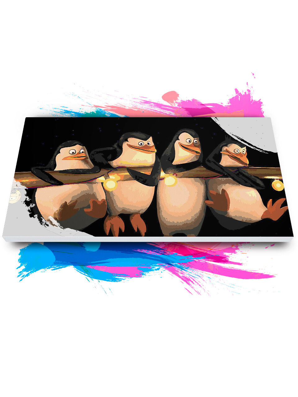 Картина по номерам на холсте Мадагаскар - Пингвины ночью, 50 х 100 см