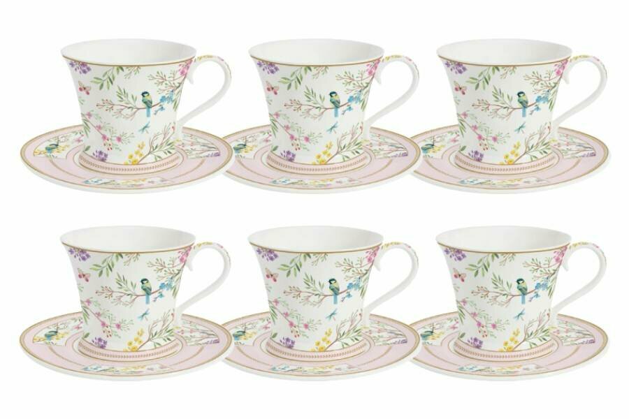 Набор 6 чашек с блюдцами Пение птиц, 0,35 л (Easy Life, Китай)