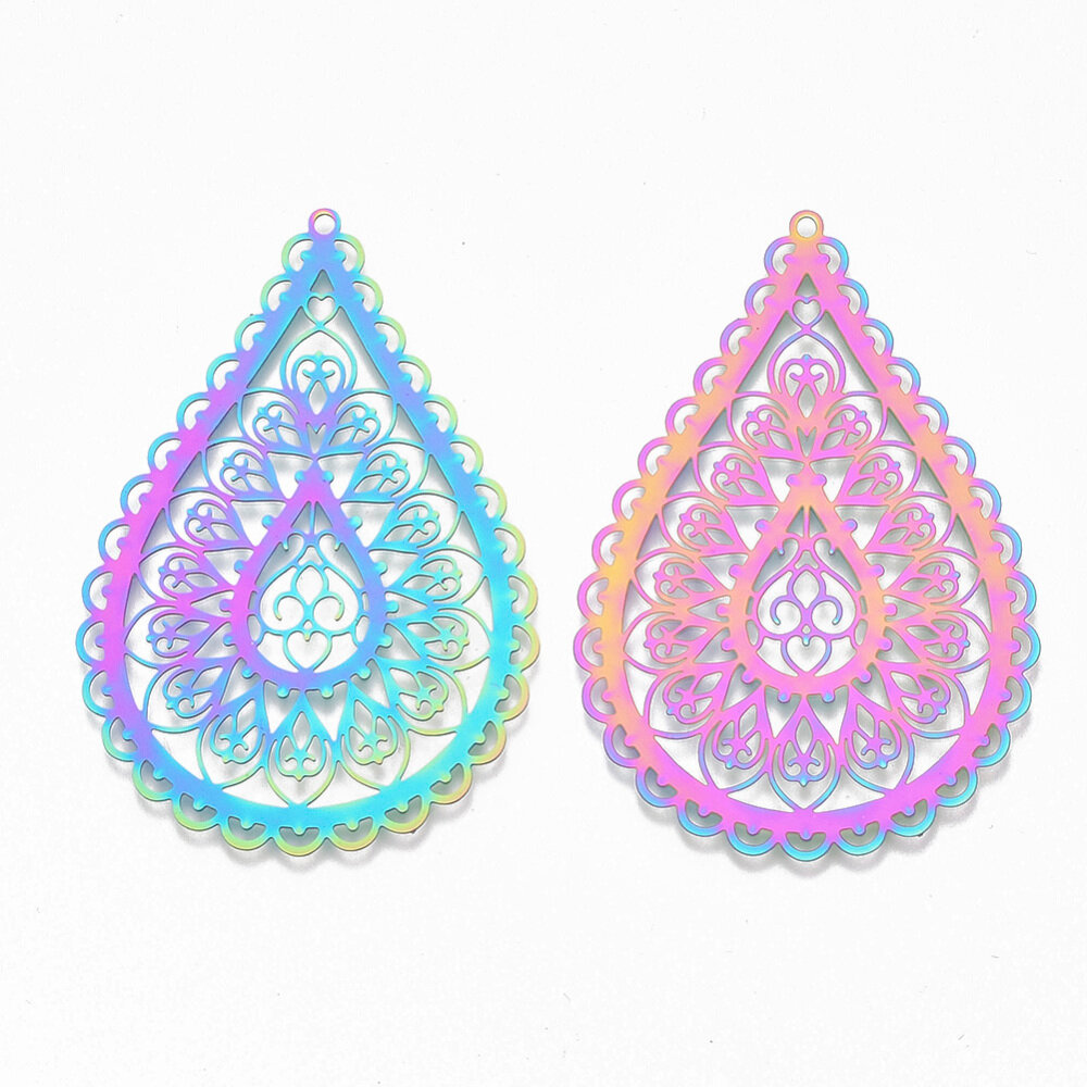 Подвеска, 65х43х0.3мм, ажурная капля, базовый материал - нержавеющая сталь, с радужным покрытием, 1 шт.