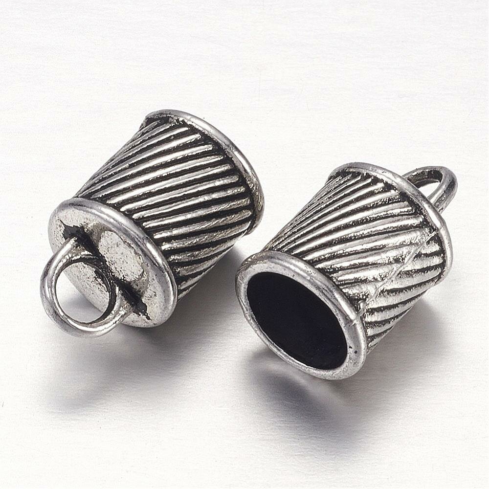Концевики 16х10мм (внутренний размер 8мм), клеевые, в диагональную полоску, для шнура, базовый материал - цинковый сплав, стиль тибетское серебро, пара