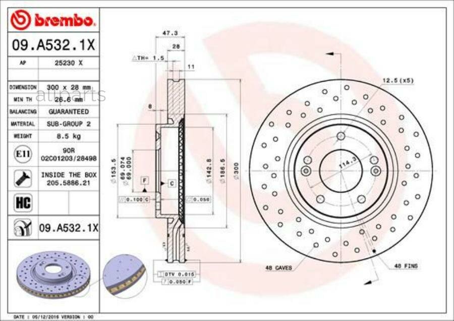 BREMBO 09. A532.1X Диск тормозной передн. серии Brembo Xtra HYUNDAI i40 (VF) 03/12-> / HYUNDAI i40 CW (VF) 07/11-> / HY