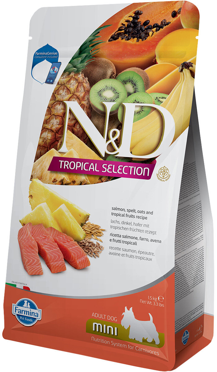 FARMINA DOG N&D TROPICAL ADULT MINI SALMON низкоз соб мален пор лосось, спельта, овес, фрукты 1,5 кг