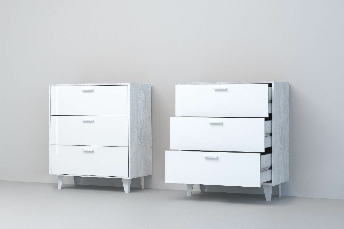 Комод "Эго" К-3 (НГ) Дуб Бетон Светлый/Белый Глянец, Материал фасада - ЛДСП