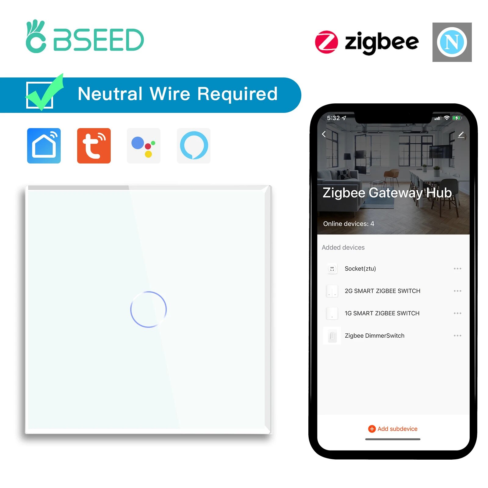 Умные сенсорные выключатели BSEED Zigbee 1/2/3 Gang Zigbee 1Gang White