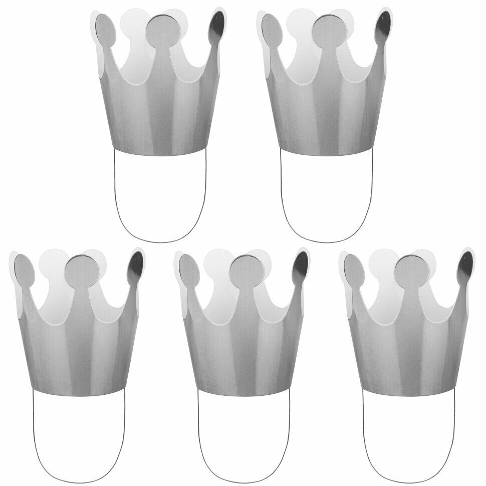 Корона бумажная, Серебро, металлик, 6,5*10 см, 5 шт.