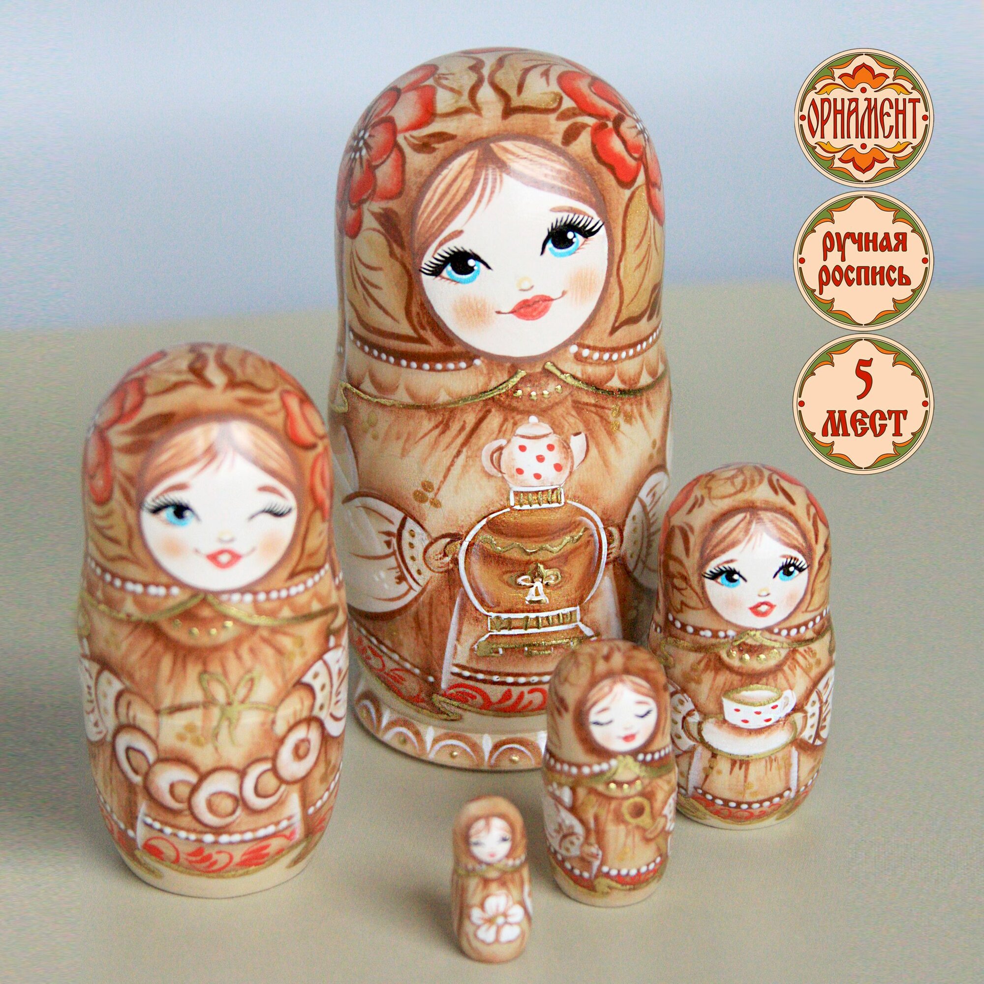 Матрешка деревянная детская развивающая игрушка Эмоции 5 мест 10 см Орнамент