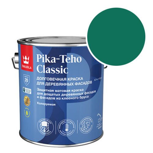 Краска фасадная по дереву Tikkurila Pika-Teho Classic водно-дисперсионная RAL 6016 (Бирюзово-зеленый - Turquoise green) 2,7 л