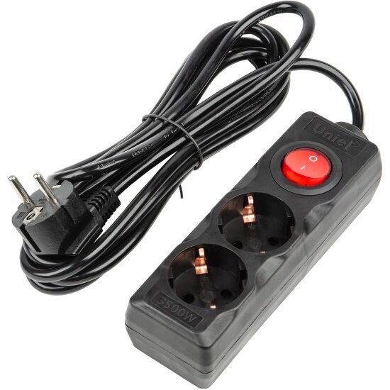Удлинитель Uniel S-GCU2-3B BLACK Ultra, шнур 3м, 2 гнезда, 16A, с/з. Черный, UL-00010011