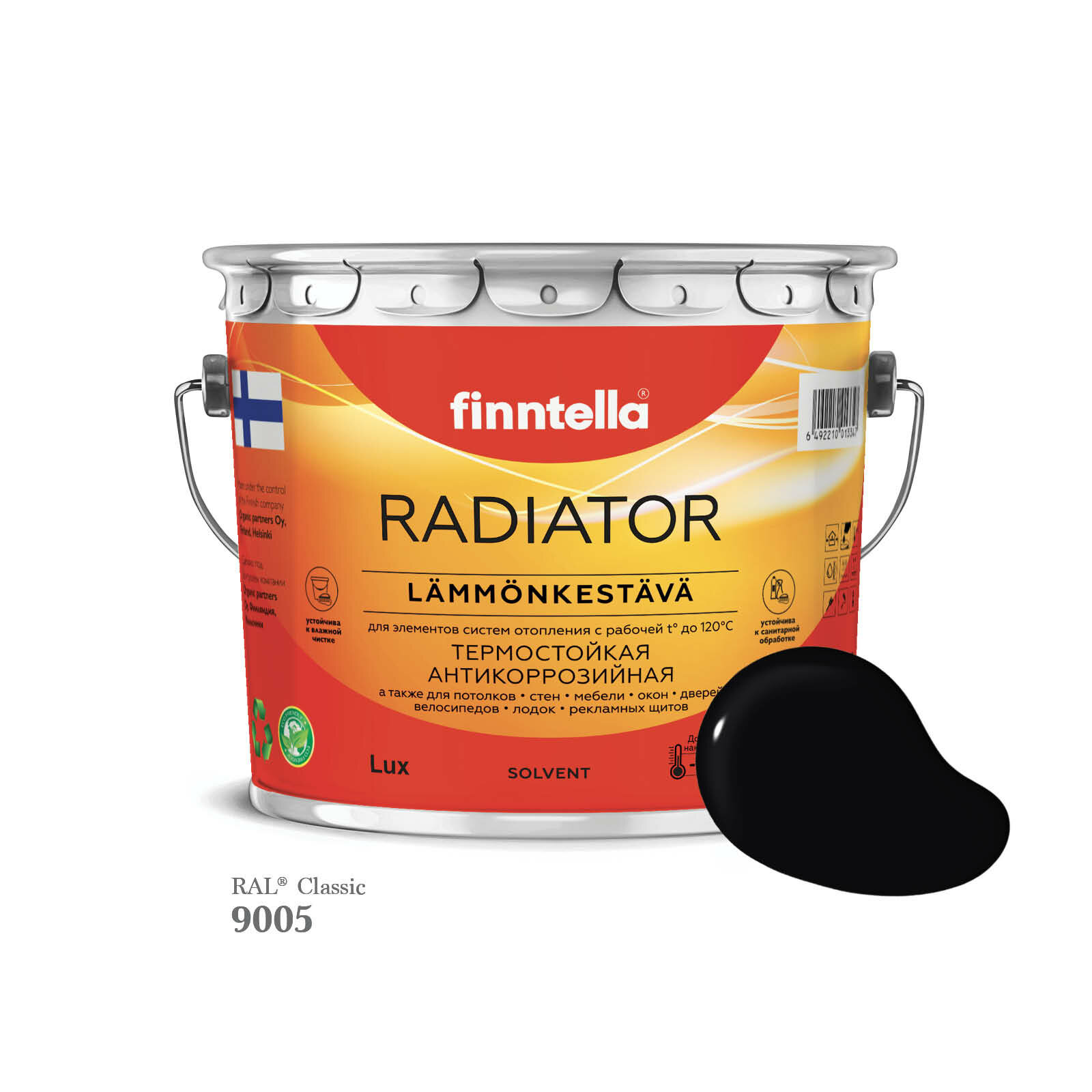 Краска для радиаторов быстросохнущая финская эмаль FINNTELLA RADIATOR, цвет RAL9005 , 2,7л