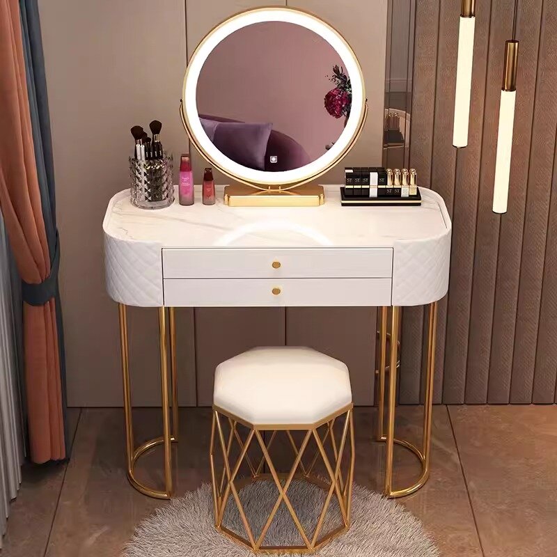 Туалетный столик без тумбы обитый кожей с ромбиками (белый 80 см + зеркало + табурет, имитация камня)