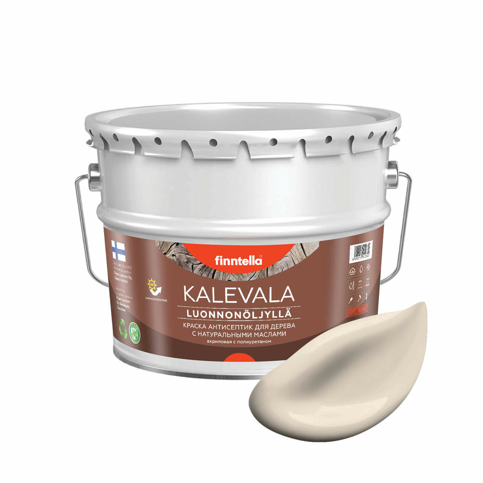 Краска для дерева и деревянных фасадов FINNTELLA KALEVALA, с натуральным маслом и полиуретаном, цвет MANTELI (светло-бежевый теплый) , 9л