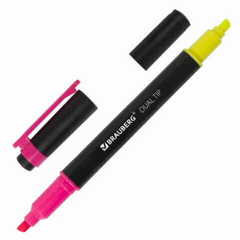 Текстовыделитель двусторонний BRAUBERG, желтый/розовый, линия 1-4 мм, 150840