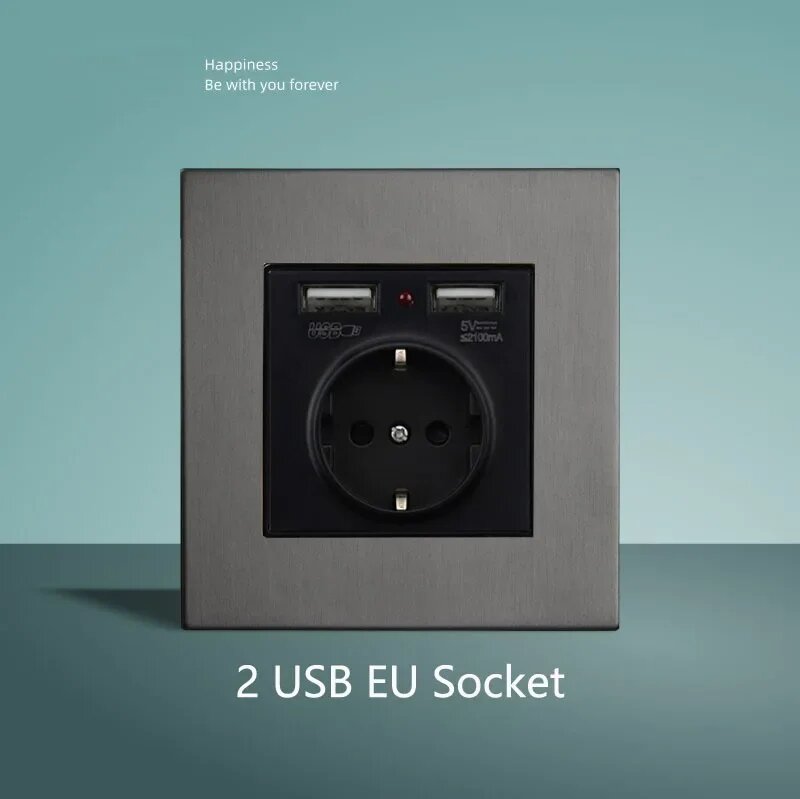 Регулируемый переключатель из нержавеющей стали, серый, 1-4 ганга 2 USB EU Socket