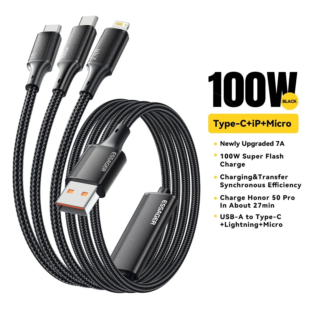 Зарядный кабель Essager 3 в 1, USB Type-C, 100 Вт, 7 А Black