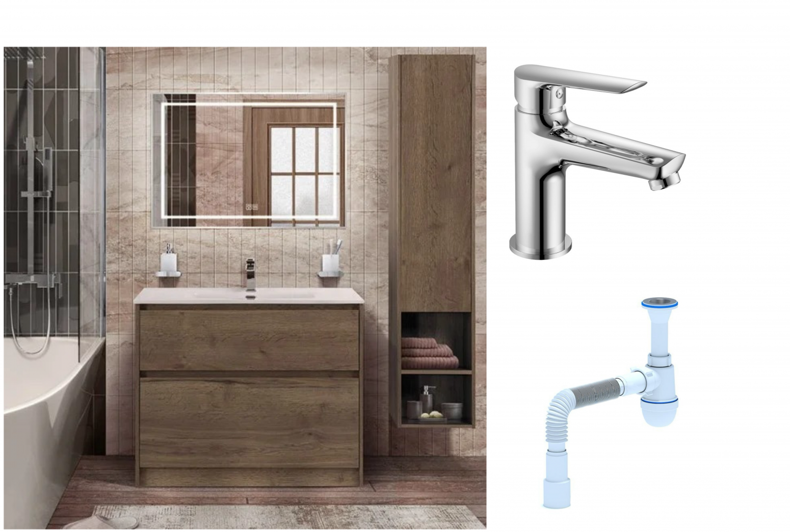 Комплект: Мебель для ванной BelBagno Kraft 100 + Смеситель для раковины Haiba HB10198, хром + Сифон АниПласт 533340 + SNPHB10198 + C2015xrv