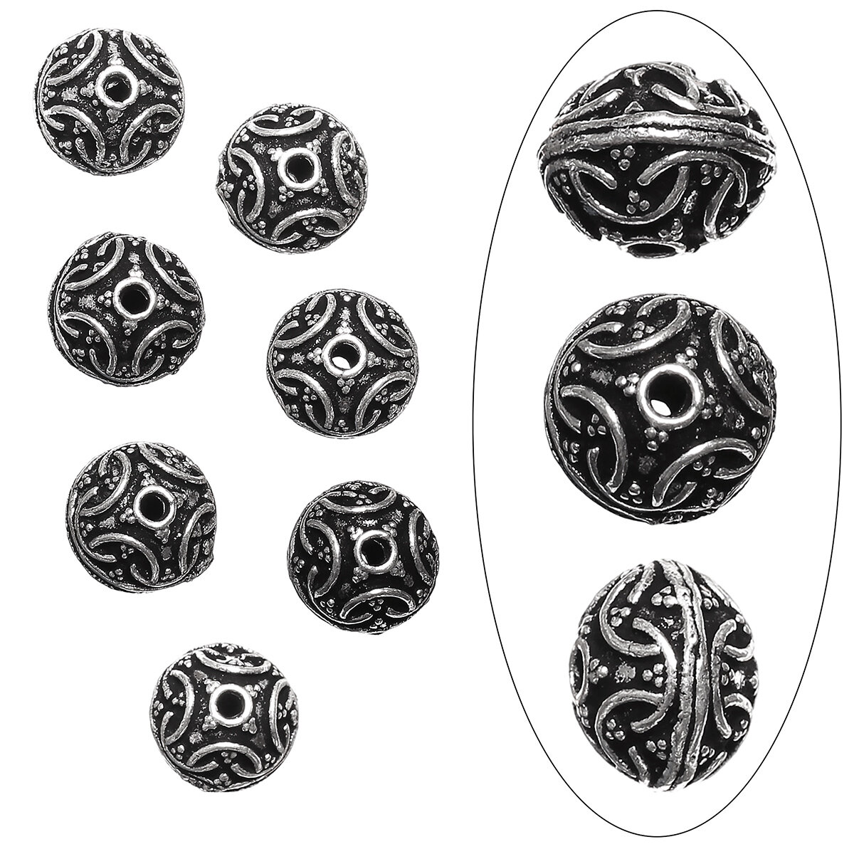 Бусина металлическая, 12х10мм, Индия, филигранная рондель Восток, базовый материал - латунь, посеребренная с чернением, 1 шт.