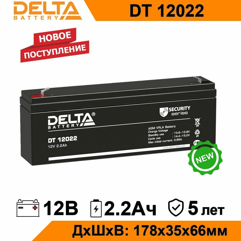 Аккумулятор Delta DT 12022 12В 2,2Ач (12V 2.2Ah) для ИБП и UPS, аккумулятор для детского электромобиля, мотоцикла, эхолота, фонарика, кассы, освещения сигнализации