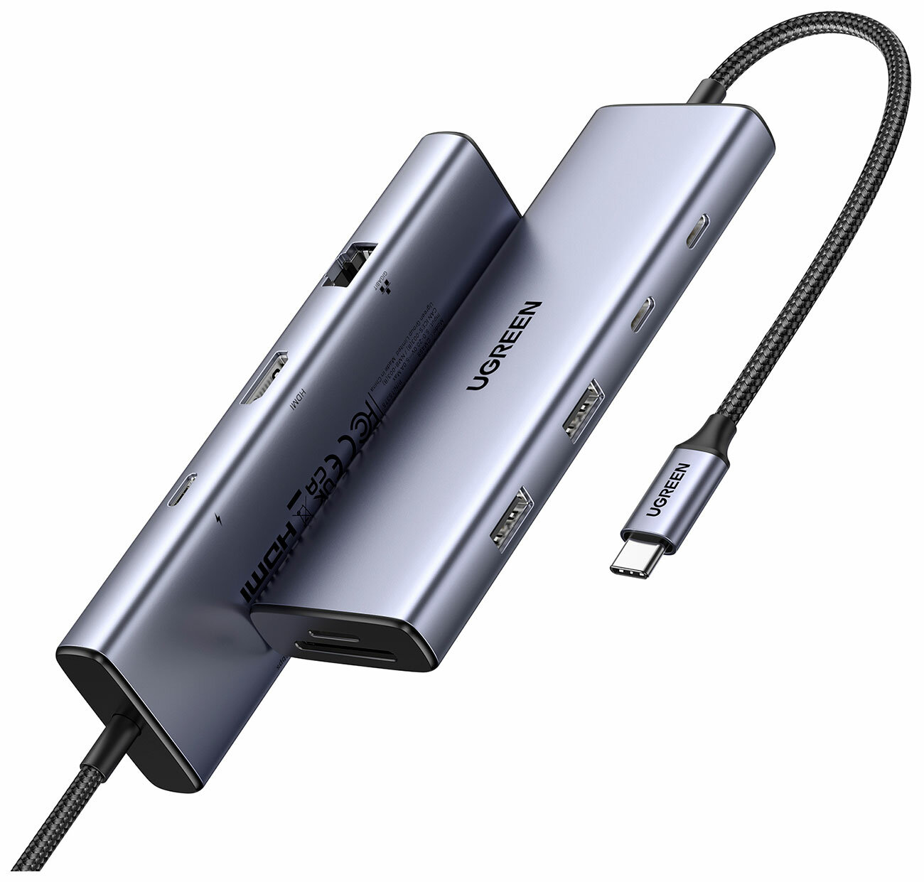 Конвертер Ugreen CM498, USB-C to 2 х USB 3.0+2 х USB-C+HDMI+RJ45+SD TF+PD port Converter, серый (15375)