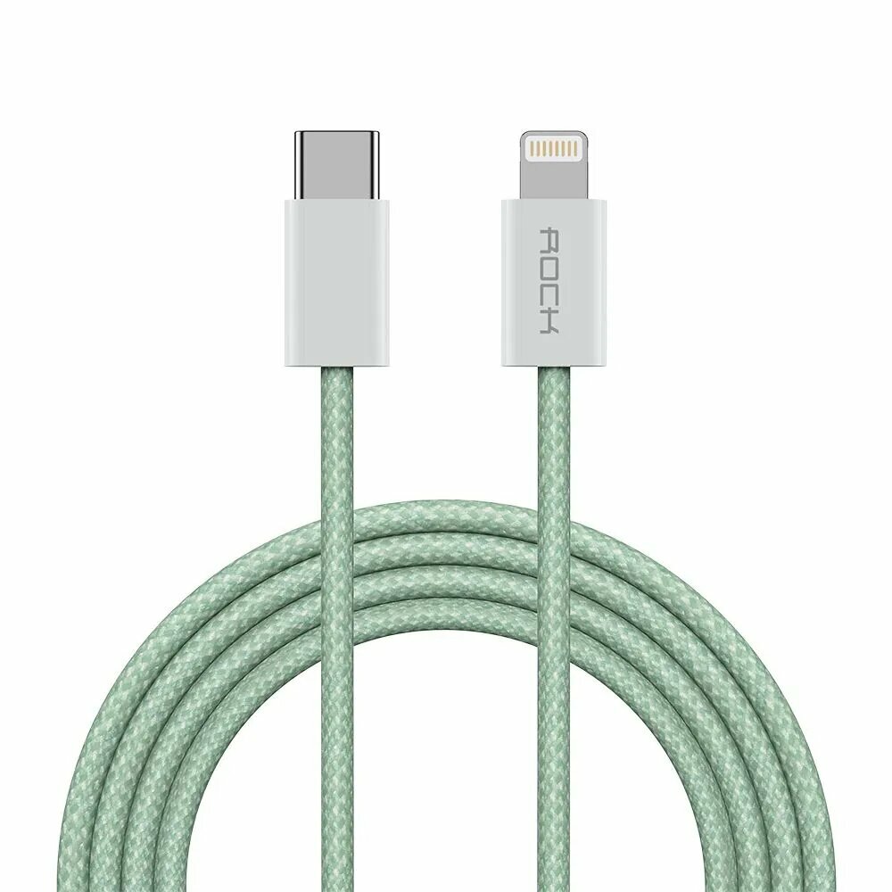 Кабель зарядный ROCK USB-C to Lightning, в нейлоновой оплётке, с быстрой передачей данных, 3A, 100 см. зеленый