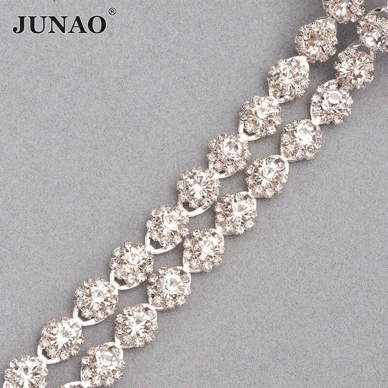 JUNAO Лента со стразами для декора одежды Silver Clear