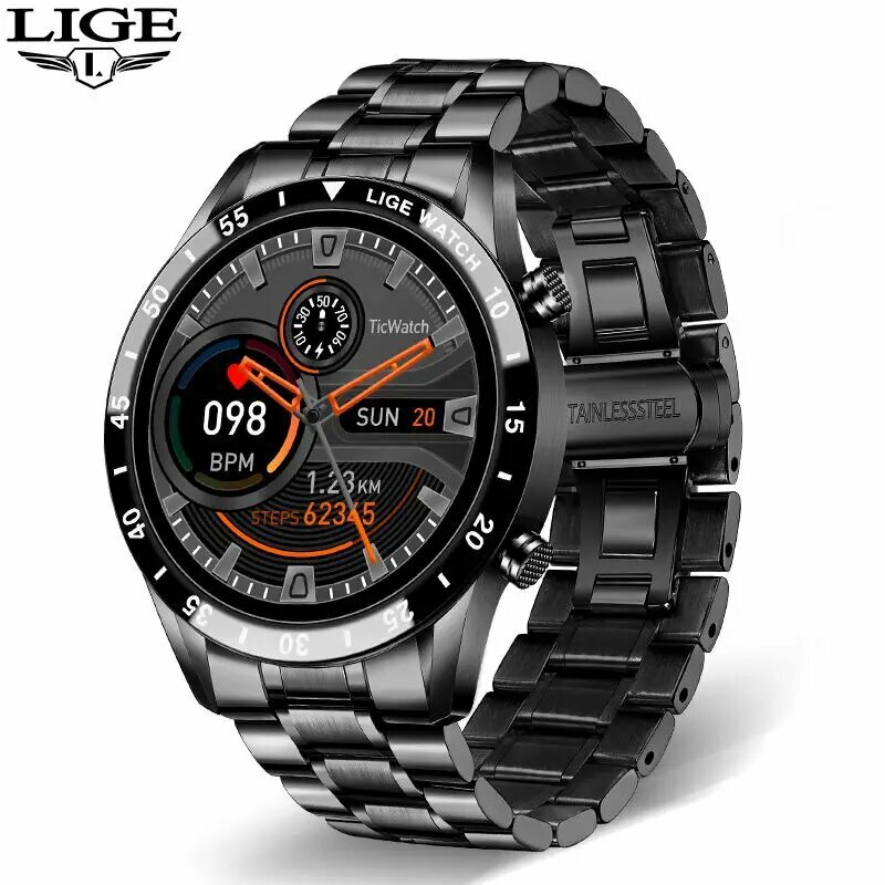 LIGE Умные часы для мужчин steel strip Black