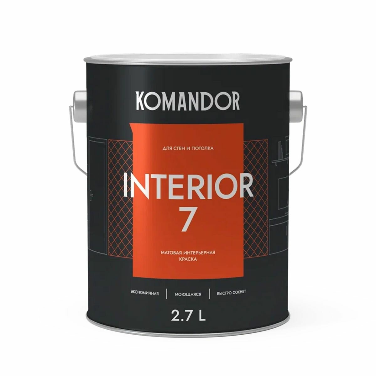 Краска для стен и потолков Komandor INTERIOR 7, база A, 2.7 л, матовая