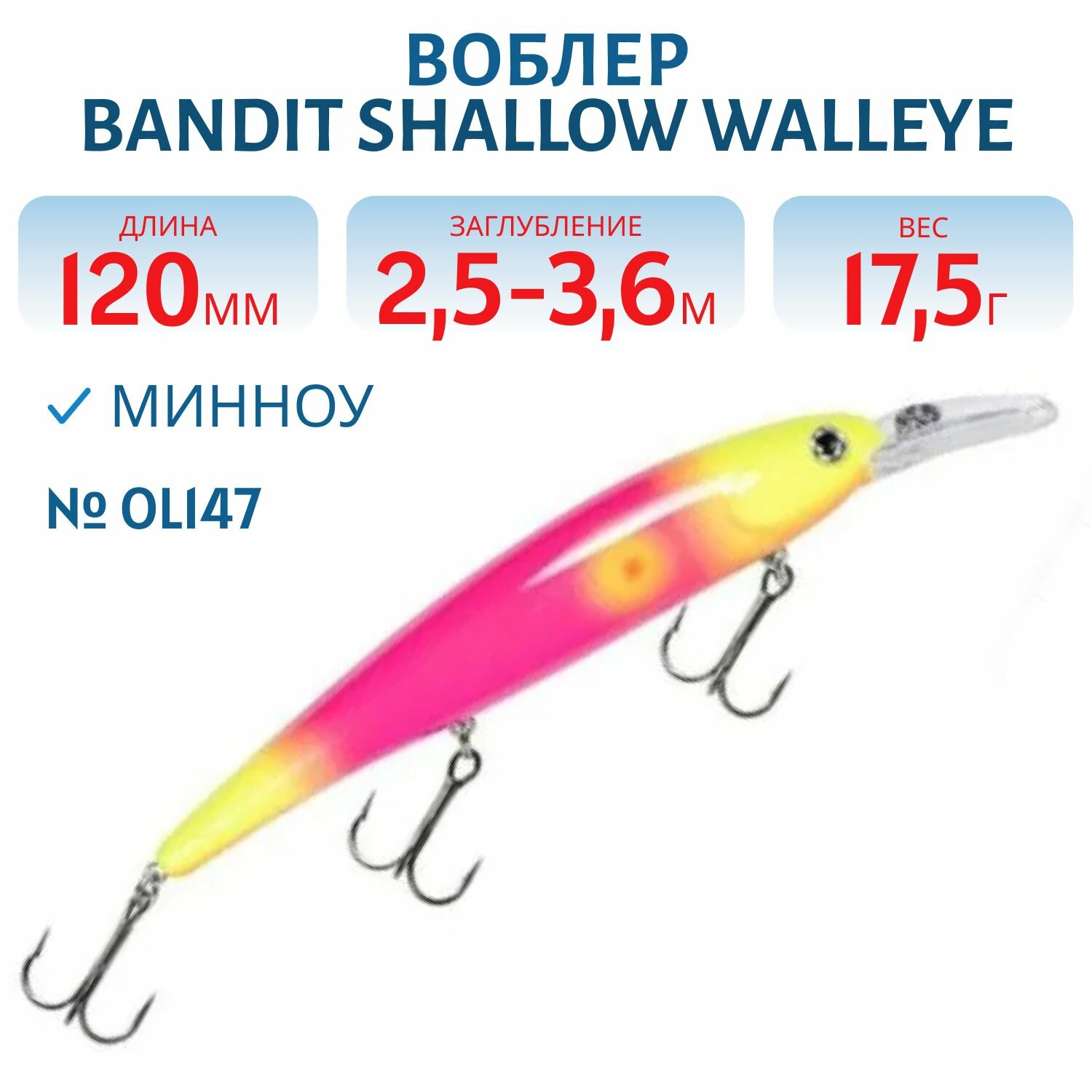 Воблер BANDIT SHALLOW WALLEYE, 120 мм, 17,5 гр, цвет OL147